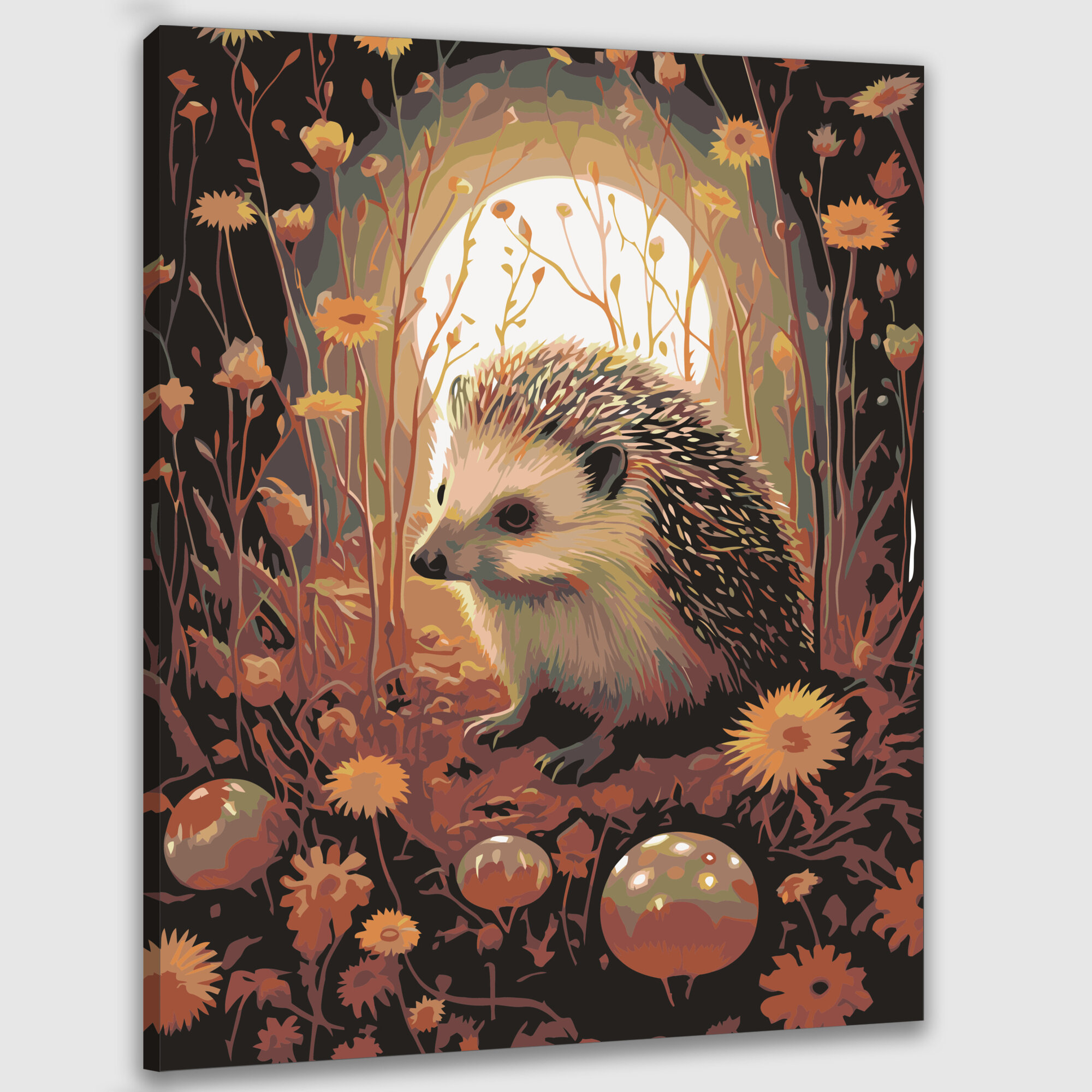 Картина по номерам 40x50 см, акриловая картина, ежик, золотая луна, иглы ежика, узоры, тени, травянистый луг