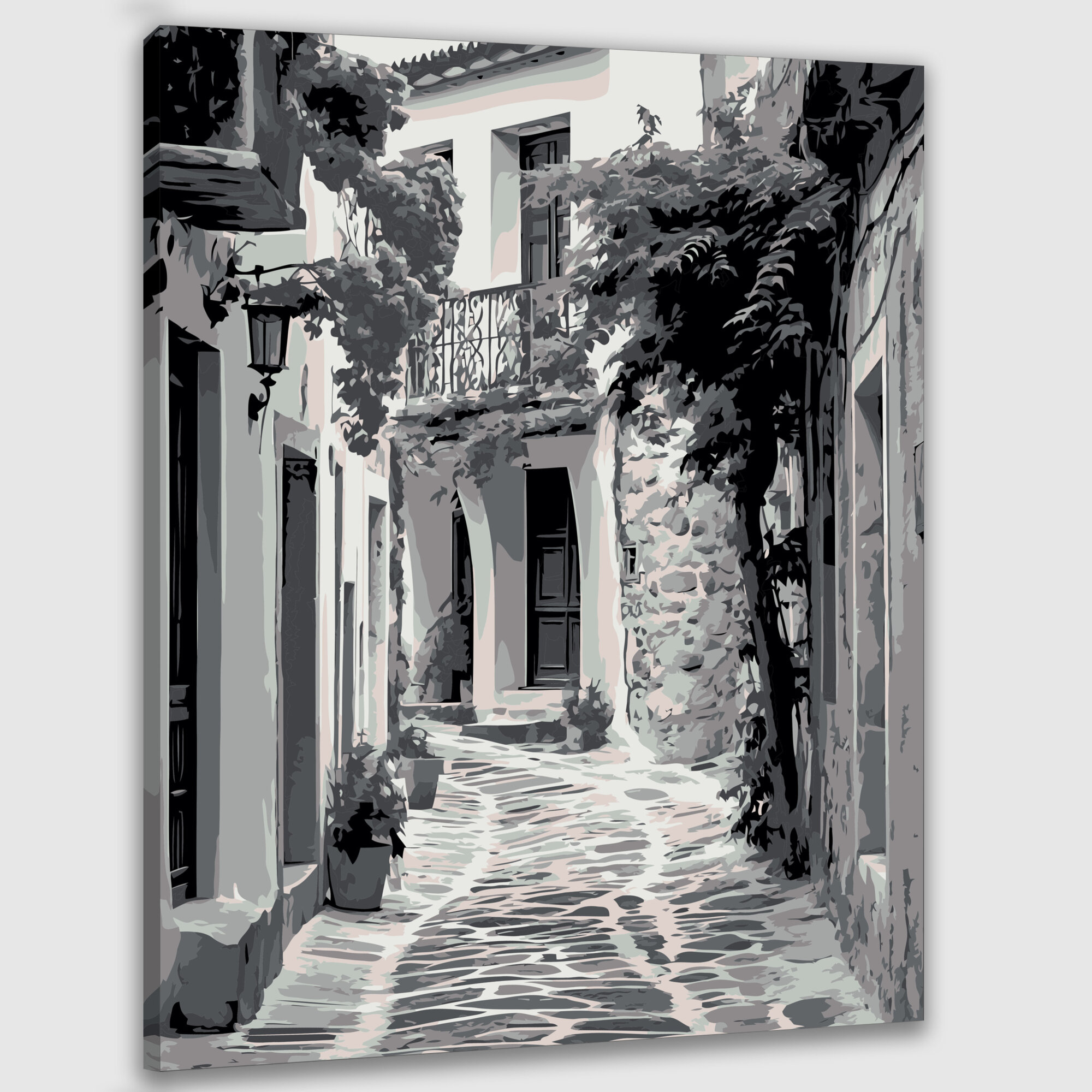 Картина по номерам 40x50 см, Черно-белая фотография, Плака, Афины, Греция, узкие улочки, традиционные дома, яркие цветы