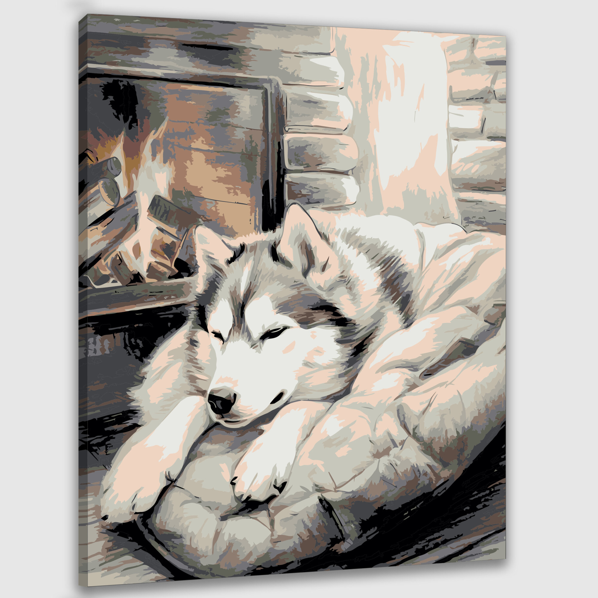 Картина по номерам 40x50 см, картина, набросок углем, хаски, зимний домик, калачиком, глаза закрыты, мирный сон