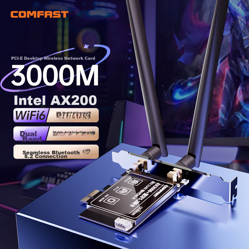 COMFAST AX200 Intel Gaming 3000M Dual-Band 5G Desktop Built-In PCI-E Wireless Network Card, WiFi 6 + Bluetooth 5.2 Computer WiFi Receiver