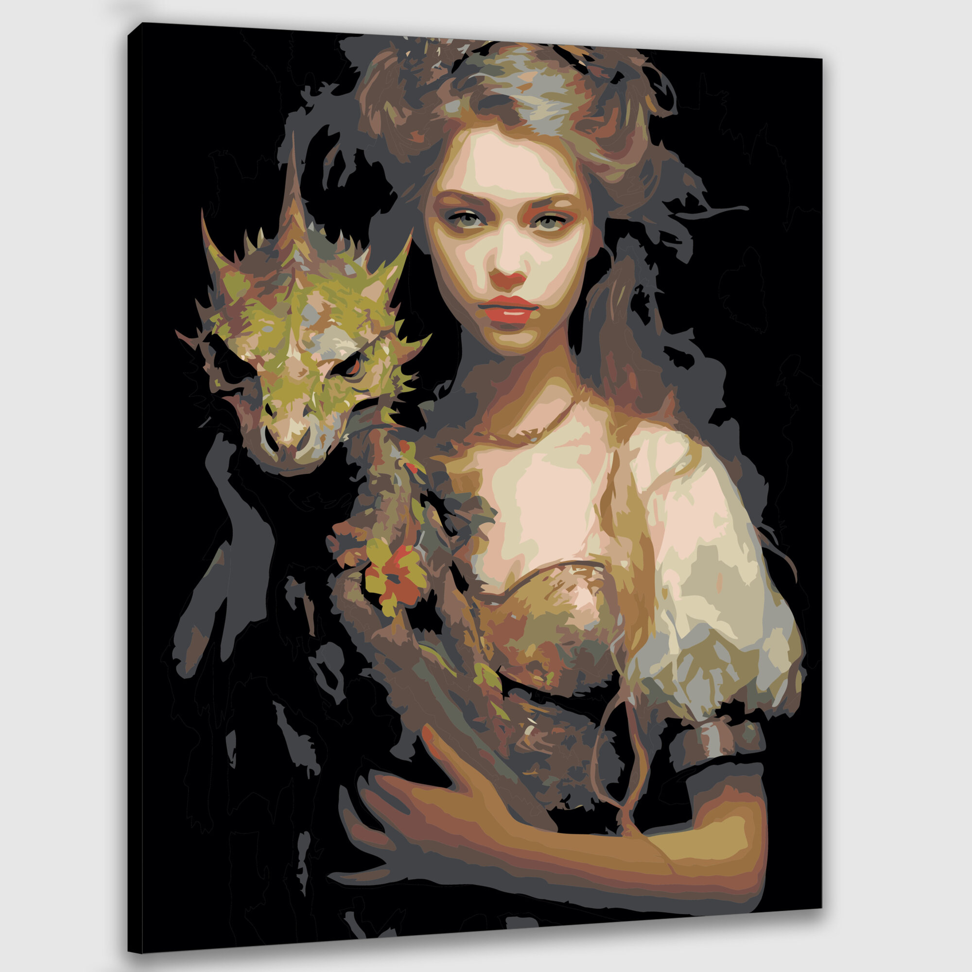 Картина по номерам 40x50 см, принцесса, корона, взгляд, решимость, сострадание, дракон, плечо, контрастные цвета, сила