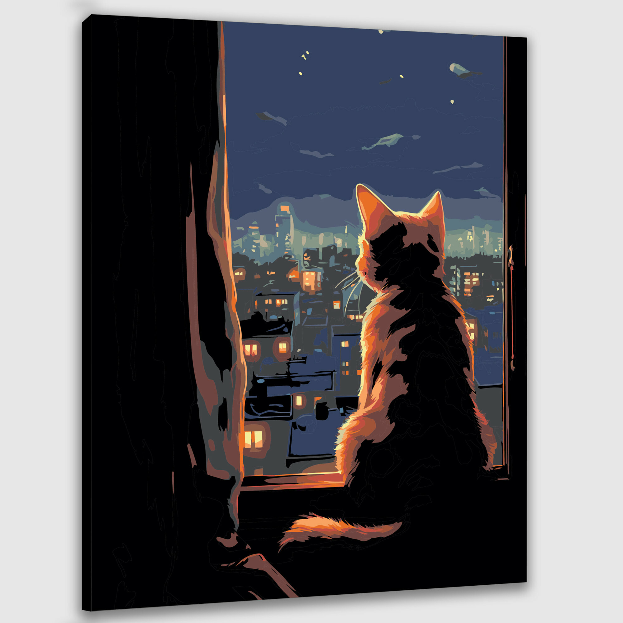 Картина по номерам 40x50 см, картина, цифровая, кот, подоконник, городской пейзаж, ночь, глаза, удивление, любопытство