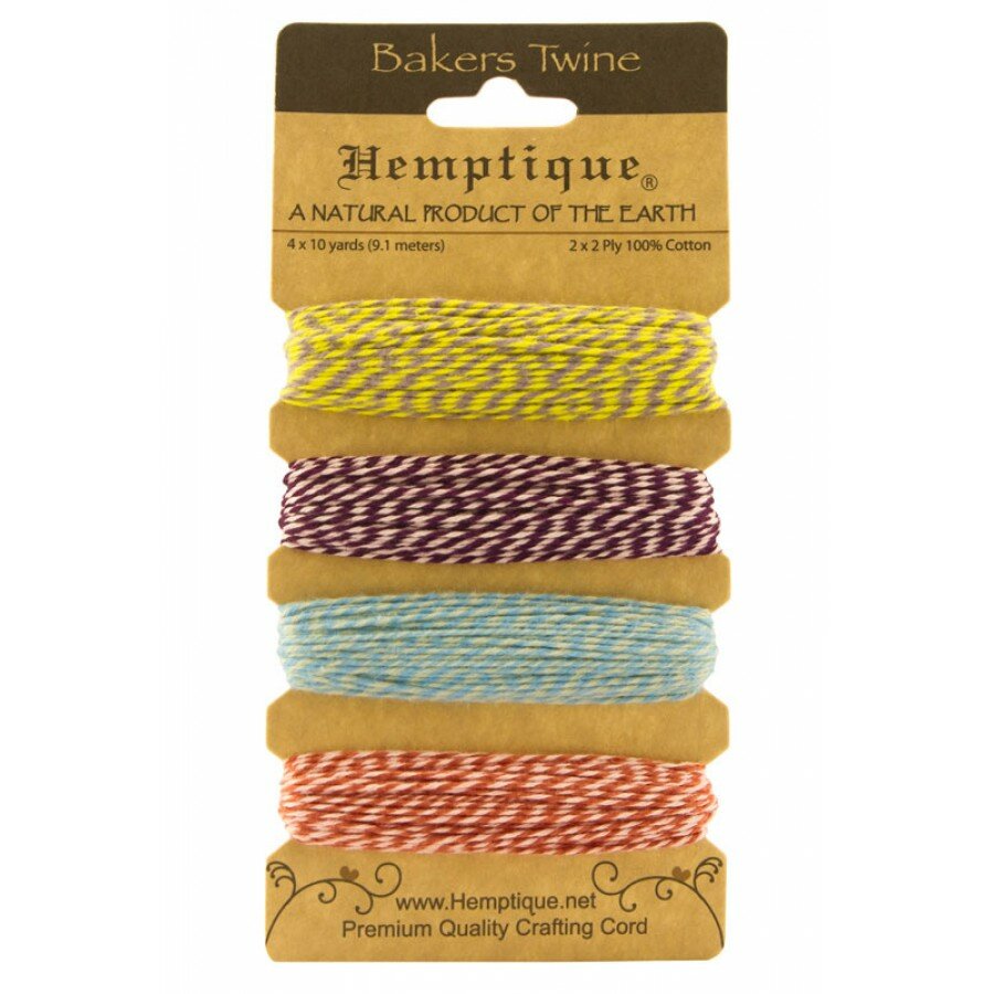 Шнур Bakers Twine на блистере, 2 х 2 нити, 1мм, 4 цвета по 9 м 4 цвета по 9 м оттенки "азалии" (сиреневый, салатовый, голубой, розовый) 1 мм HEMPTIQUE BTC2AA