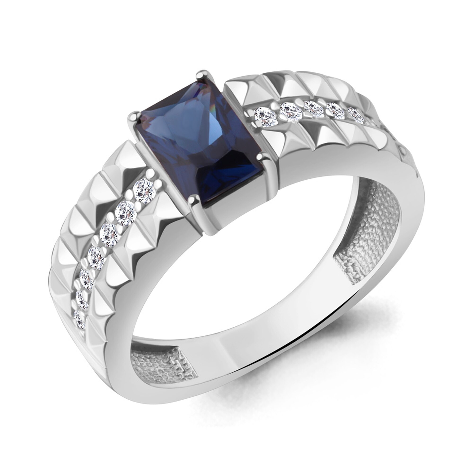 Кольцо, серебро, 925 проба, родирование, сапфир синтетический, фианит