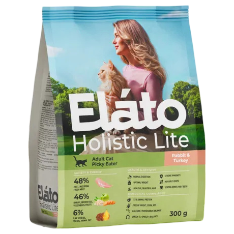 Корм Elato Holistic Lite для привередливых взрослых кошек, с кроликом и индейкой, 300 г