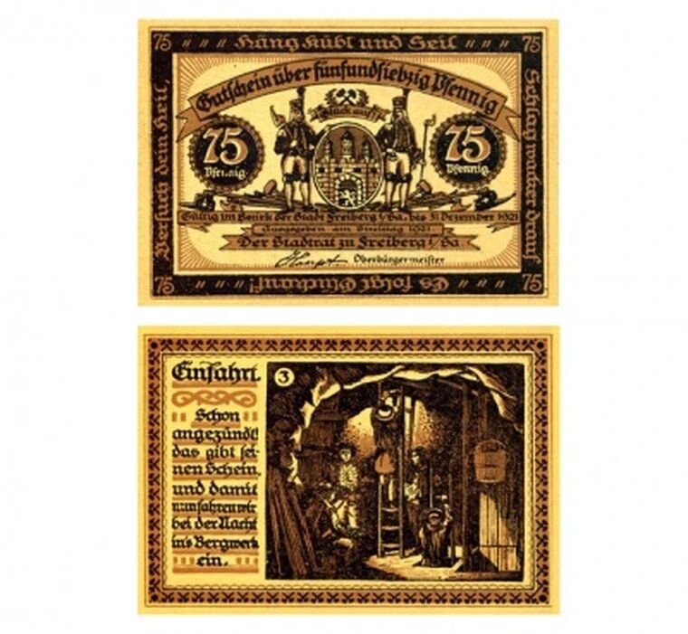 Нотгельд 75 пфеннигов 1921 Германия, Фрайберг, сувенирная копия, банкноты и купюры редкие коллекционные