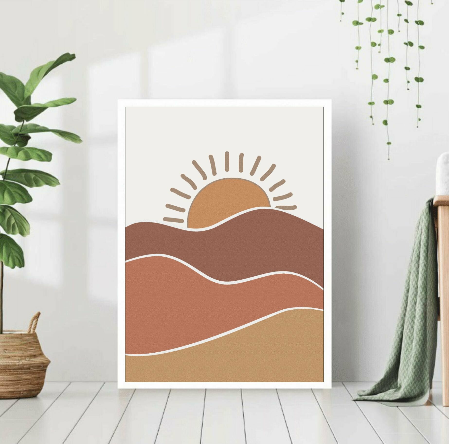Постер "Минимализм, солнце за горами" 50x70 в белой рамке на стену для интерьера
