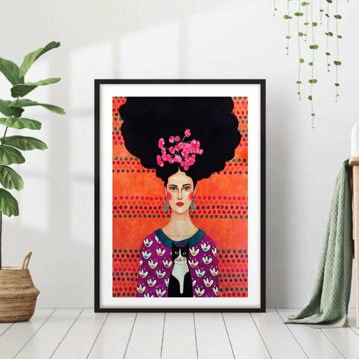 Постер "Девушка с котом на красном" в черной рамке 50х70 см для интерьера на стену