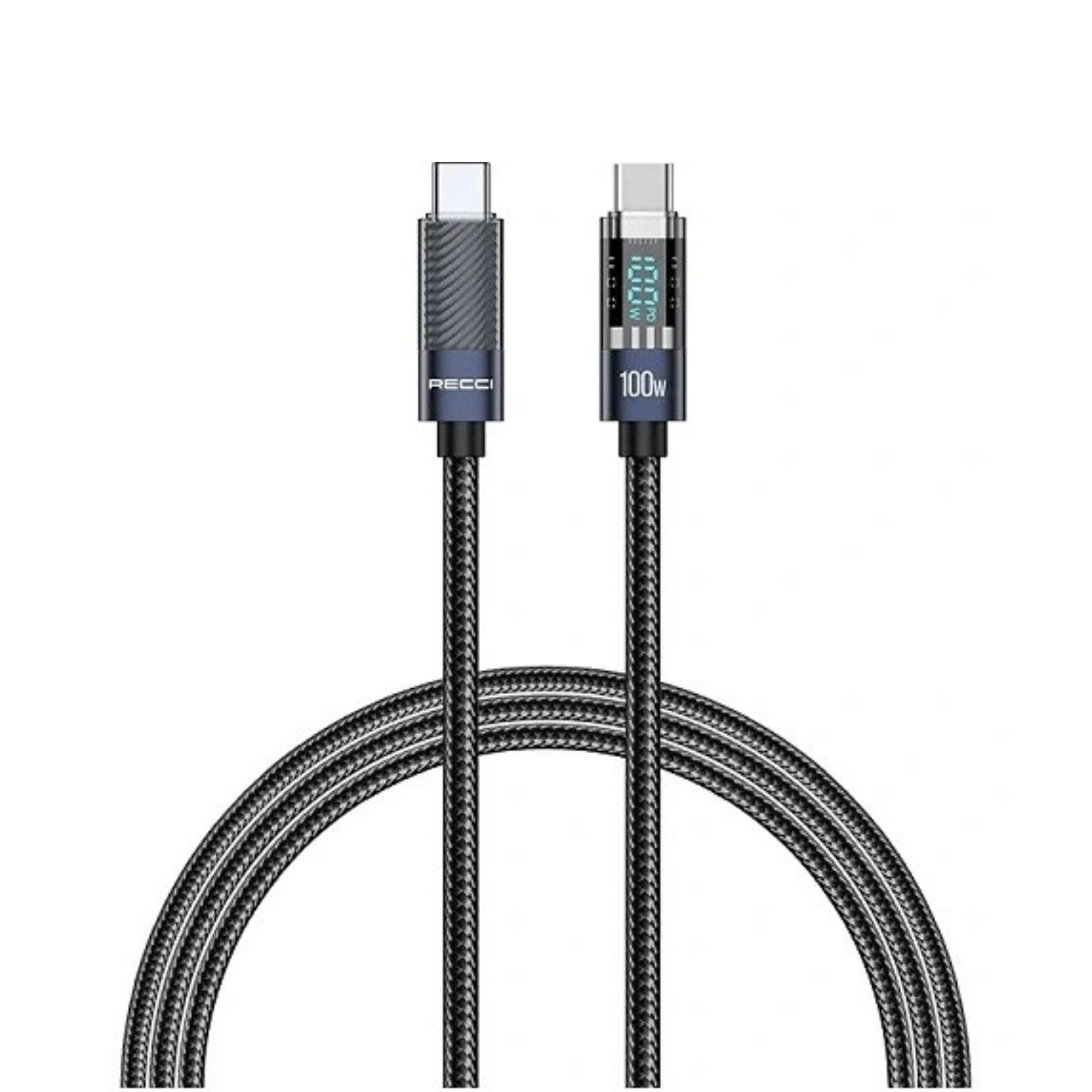 Кабель для зарядки и передачи данных Recci Crystal Digital Display, Type-C to Type-C, 100W, 120 см, Полуночно-Синий