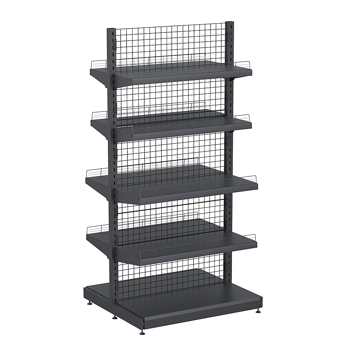 Стеллаж торговый металлический островной с сетчатой задней стенкой "графф" №7-2.15-1-ОГР с полками, с ограничителями