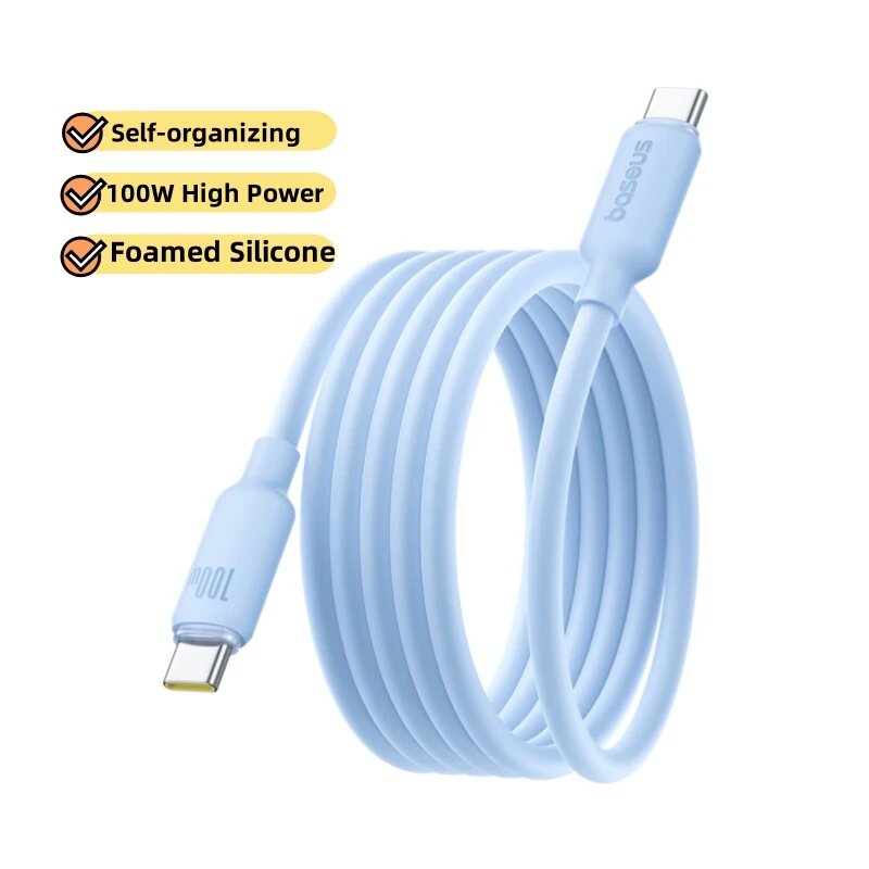 Baseus кабель USB C 100W, голубой, самоорганизующийся