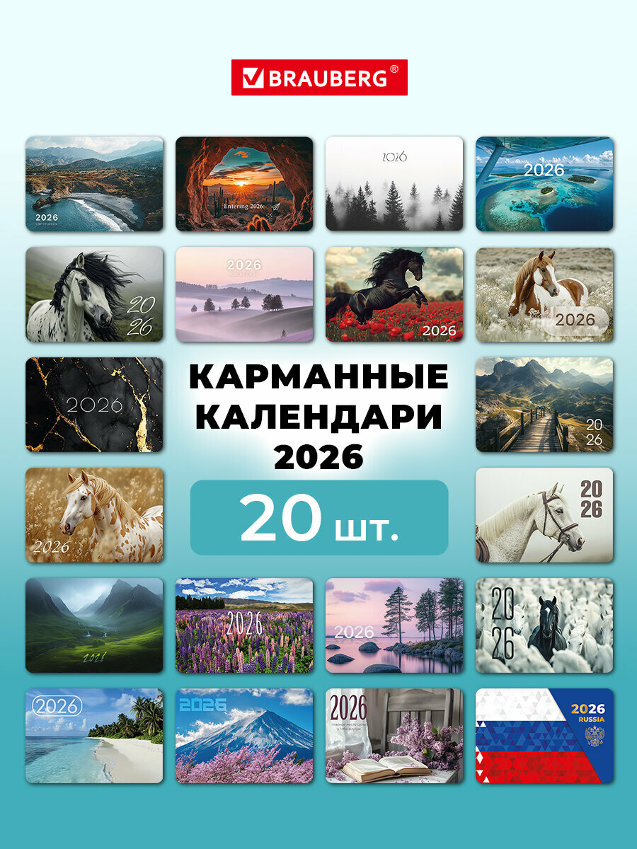 Календарь карманный на 2026 год, набор календариков 20 штук, 64х93 мм, Brauberg, 117301