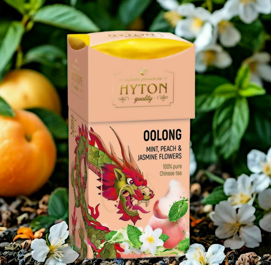 Чай зеленый листовой Китайский Улун HYTON Мята, персик и цветы жасмина 90г