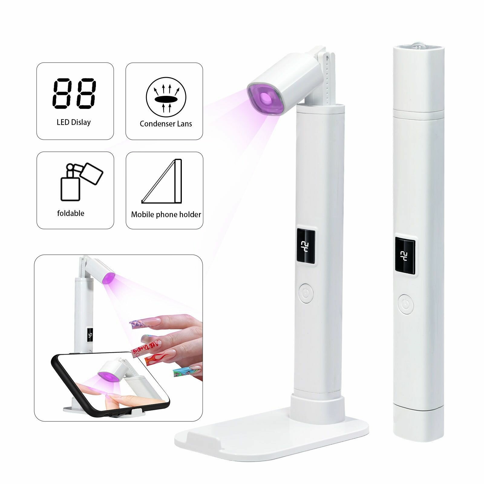 Ультрафиолетовый фонарик для сушки гель лака на ногтях при маникюре и педикюре с подставкой-белый-прозрачный！