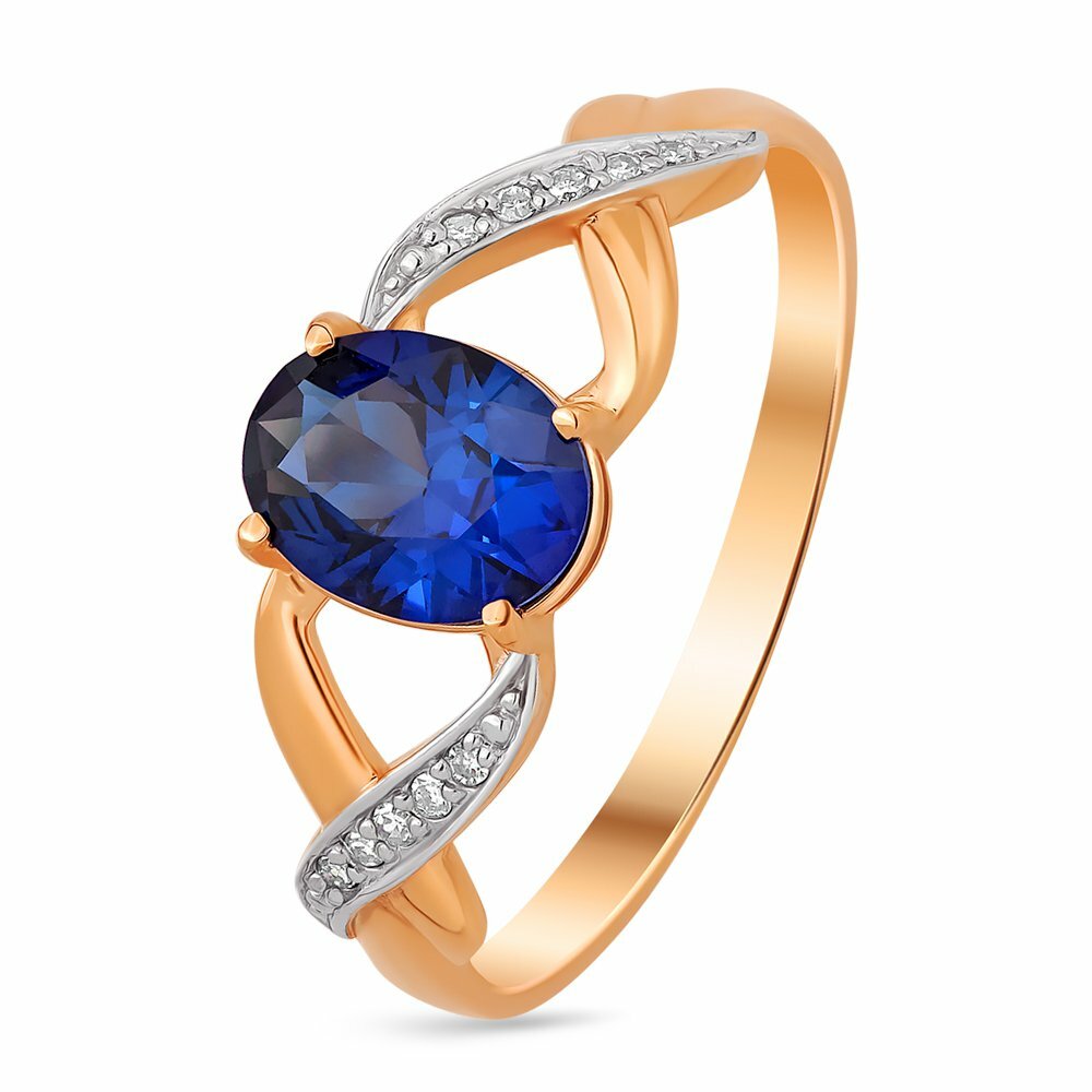 Кольцо, красное золото, 585 проба, родирование, бриллиант, сапфир синтетический