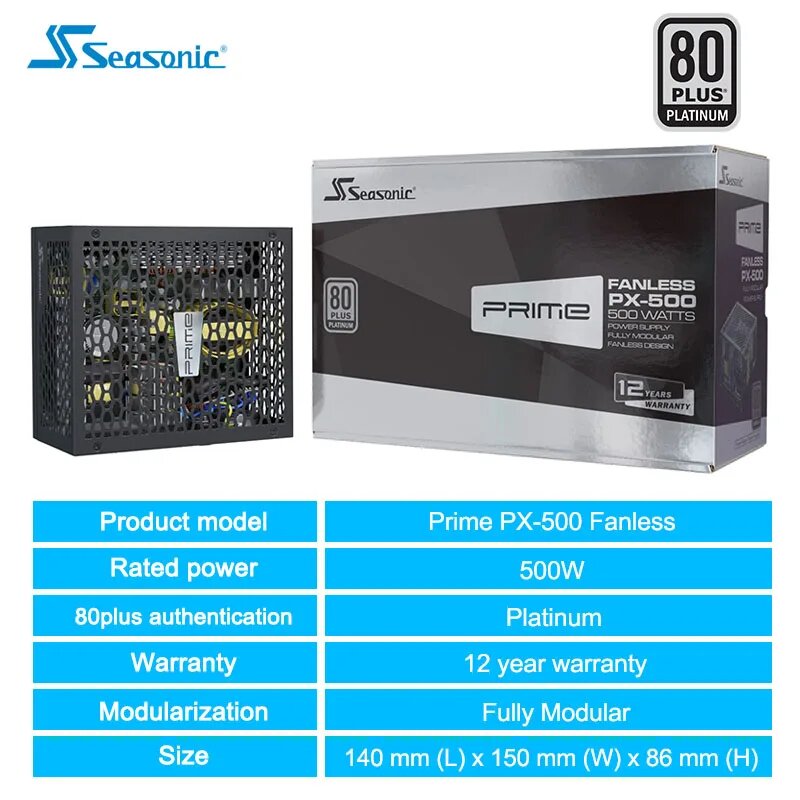Блок питания для корпуса компьютера Seasonic Prime PX-500 Fanless мощностью 500 Вт для ПК стационарного компьютера 80 PLUS Platinum полностью модульный