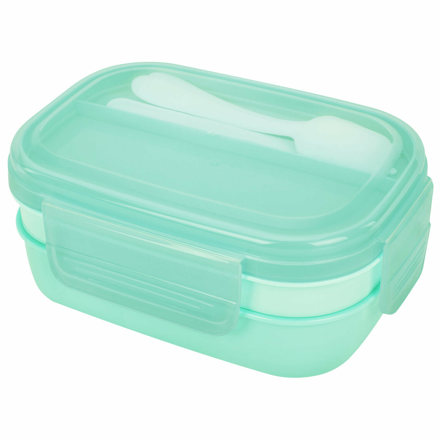 Упаковка 2 шт. Ланч-бокс контейнер, 3 секции, 8 отделений, 1,9 л, ложка, вилка, нож, 10х21х14 см, мятный, JOYLUX (джойлюкс), 609350