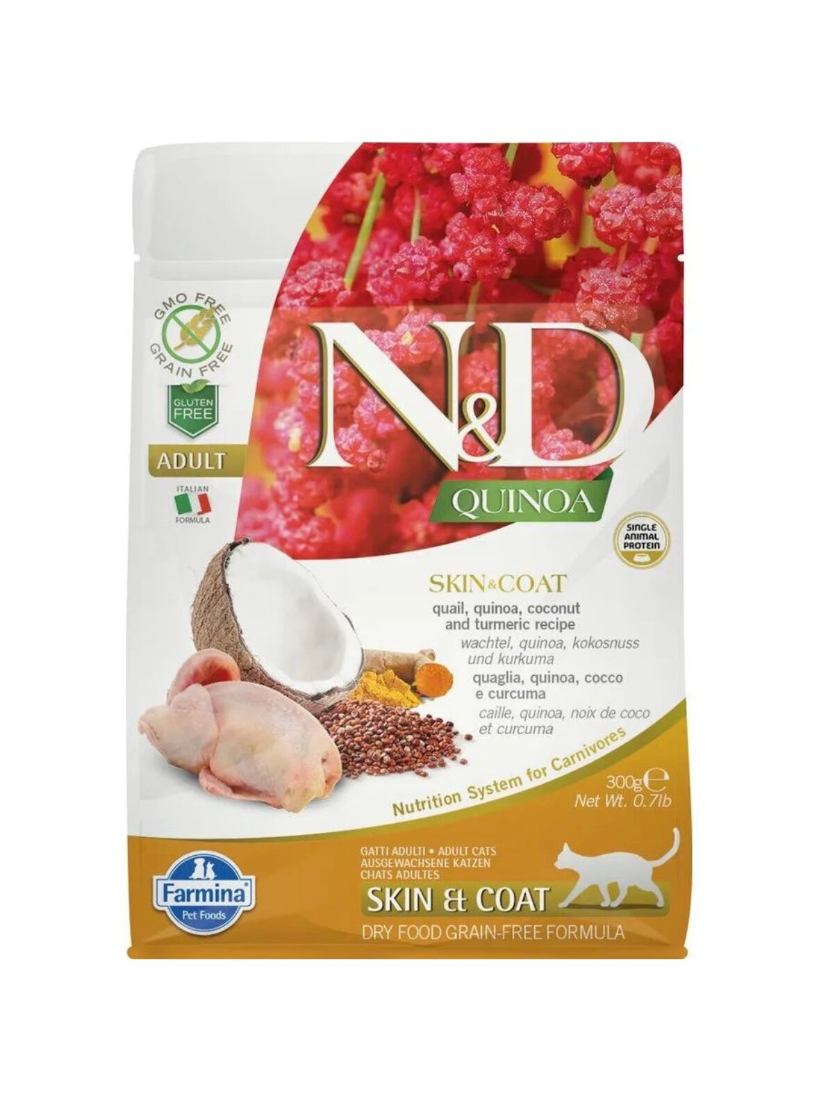 Сухой корм Farmina ND Cat GF Quinoa Skin-Coat Quail для взрослых кошек с перепелкой, уход за кожей и шерстью, 300г