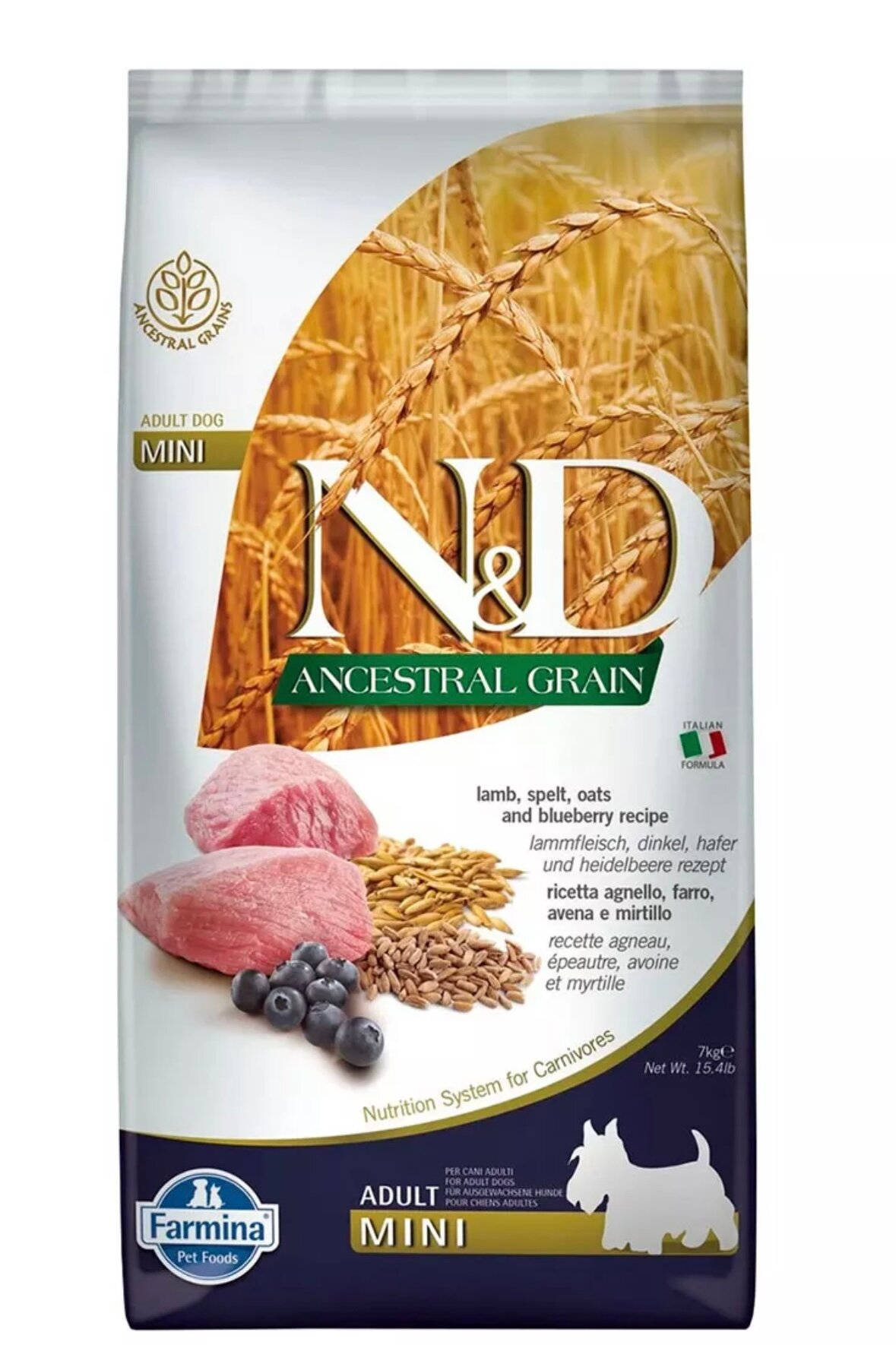 Корм сухой FARMINA ND ANCESTRAL GRAIN DOG Lamb Blueberry Adult MINI для взрослых собак мелких пород с ягнёнком, 7кг