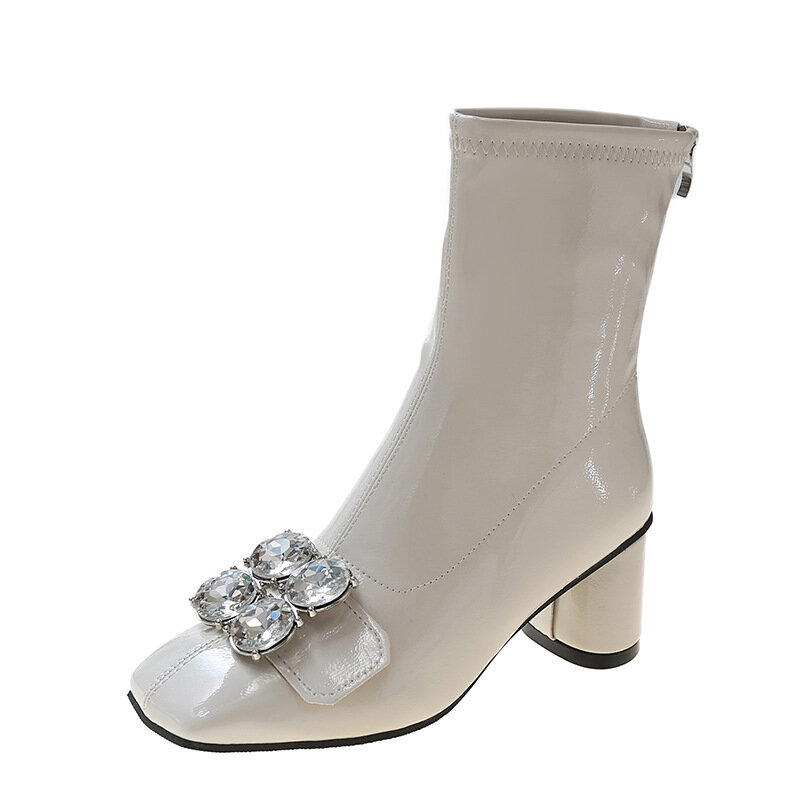 MOOCIE Женские ботильоны с квадратным носком, массивный каблук, украшенный стразами, как у знаменитостей из Интернета, лакированная кожа, тонкие и универсальные, изящные сапоги до середины голени на резинке.