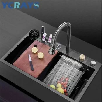 Многофункциональная раковина Nano с держателем для ножей 80*45cm/Выдвижной кран с водопадом "Летящий дождь/ Чашечная шайба/ Дозатор мыла