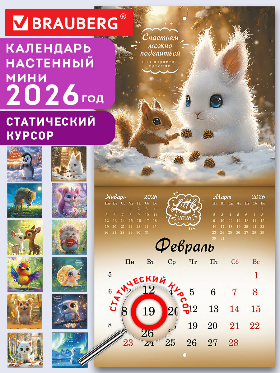 Календарь настенный на 2026 год перекидной мини, 12 листов, 21,4х21,4 см, Brauberg, 116943