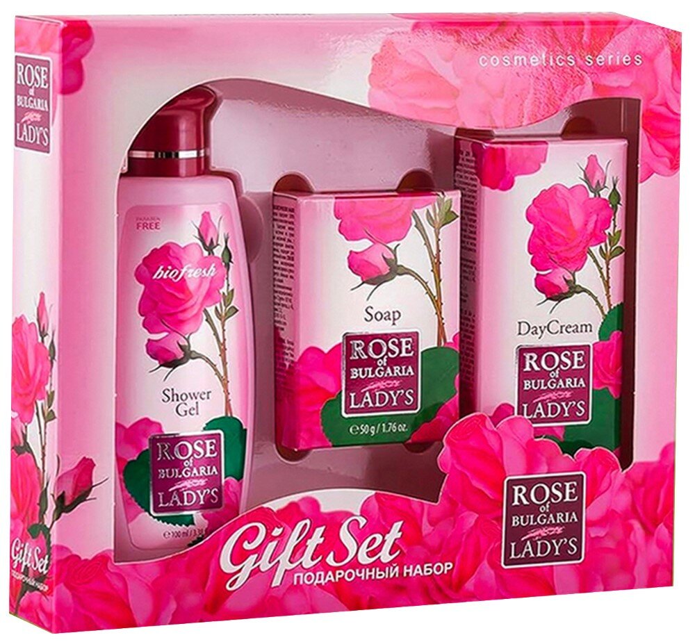 ROSE OF BULGARIA Набор: мыло натуральное косметическое 50г+гель для душа 100мл+крем для лица дневной 30мл