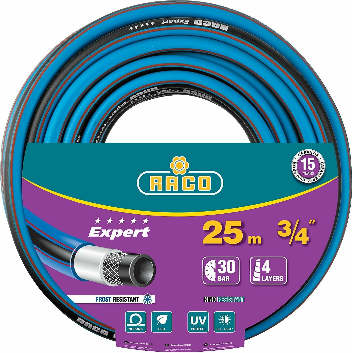 Шланг поливочный RACO EXPERT, 3/4", длина 25 м, 30 атм, четырёхслойный, армированный
