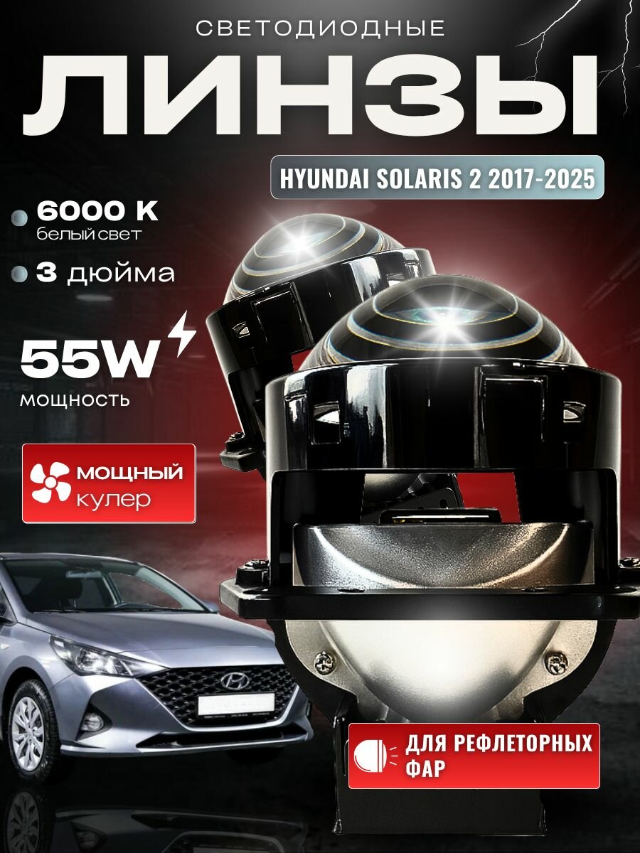 Би лед линзы 3 дюйма для Hyundai Solaris 2017-2025 г. в. (на гайку), bi led линзы 3.0 в фары Хендай Солярис 2