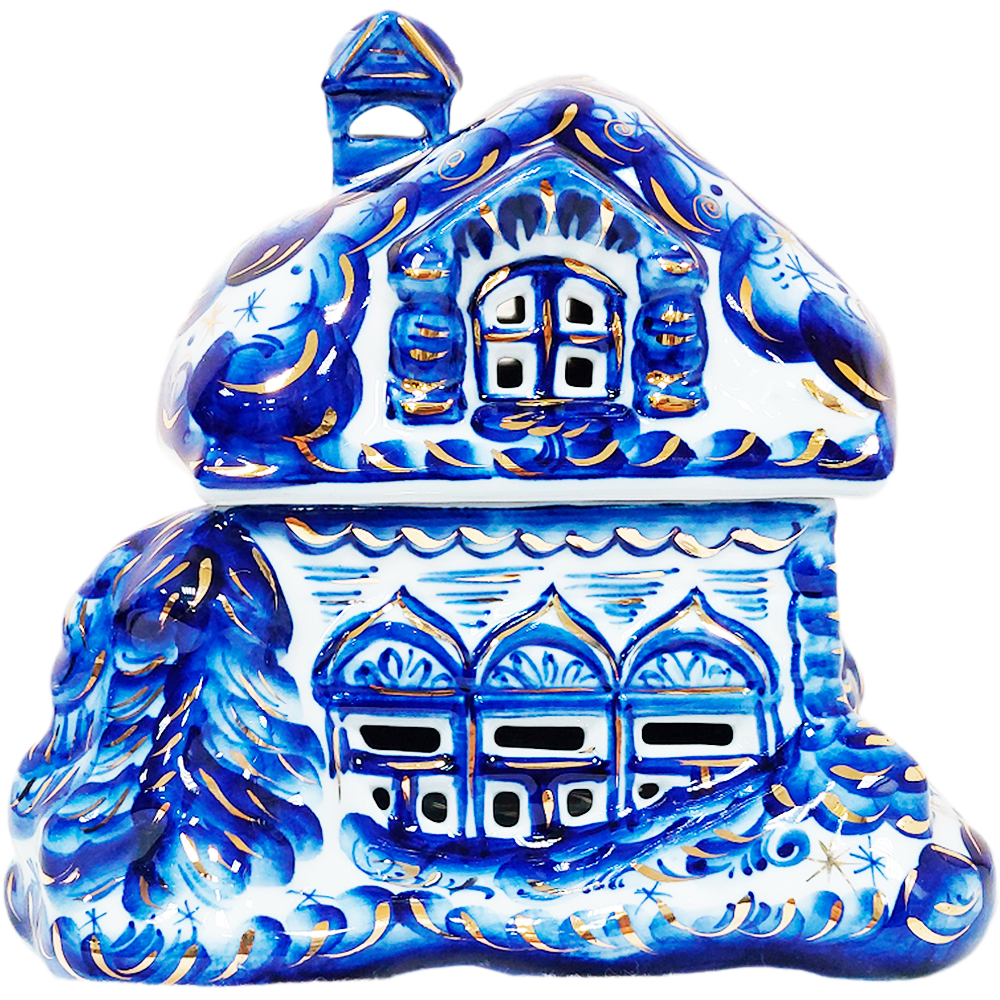 Фарфоровая шкатулка-светильник под свечку "Домик деда мороза Зимовье", гжель с золотом