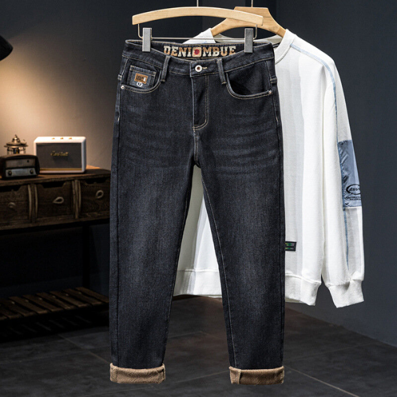 Охоты Брюки JYL Мужские утеплённые джинсы модные эластичные малые прямые длинные брюки весенне-осенние толстые