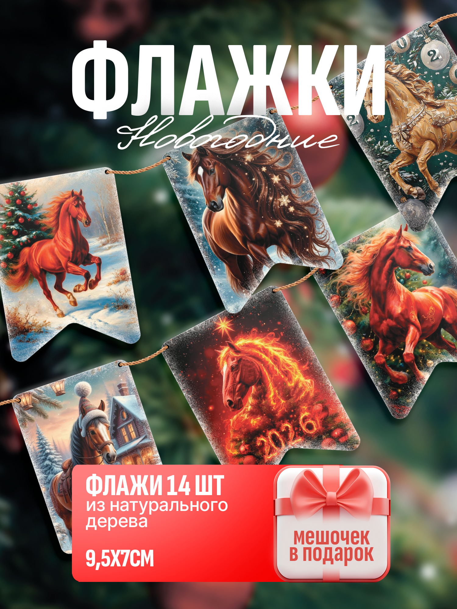 Гирлянда-флажки ZEKEKS "Лошадь 2026", для Нового Года, на джутовой нити, 14шт