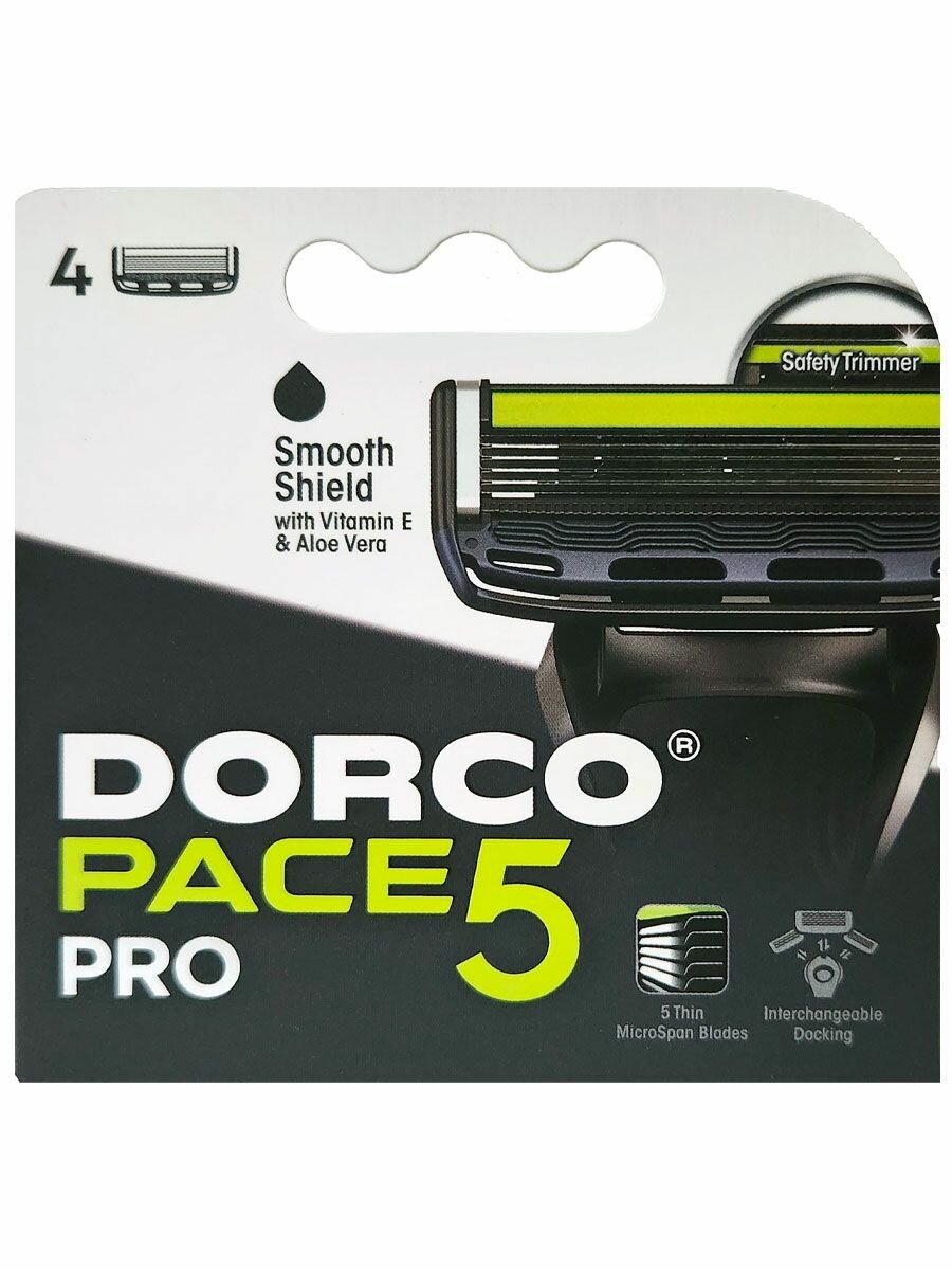 Dorco Сменные кассеты PACE5 Pro (4 шт.), 5 лезвий + лезвие-триммер, крепление PACE, увл. полоска