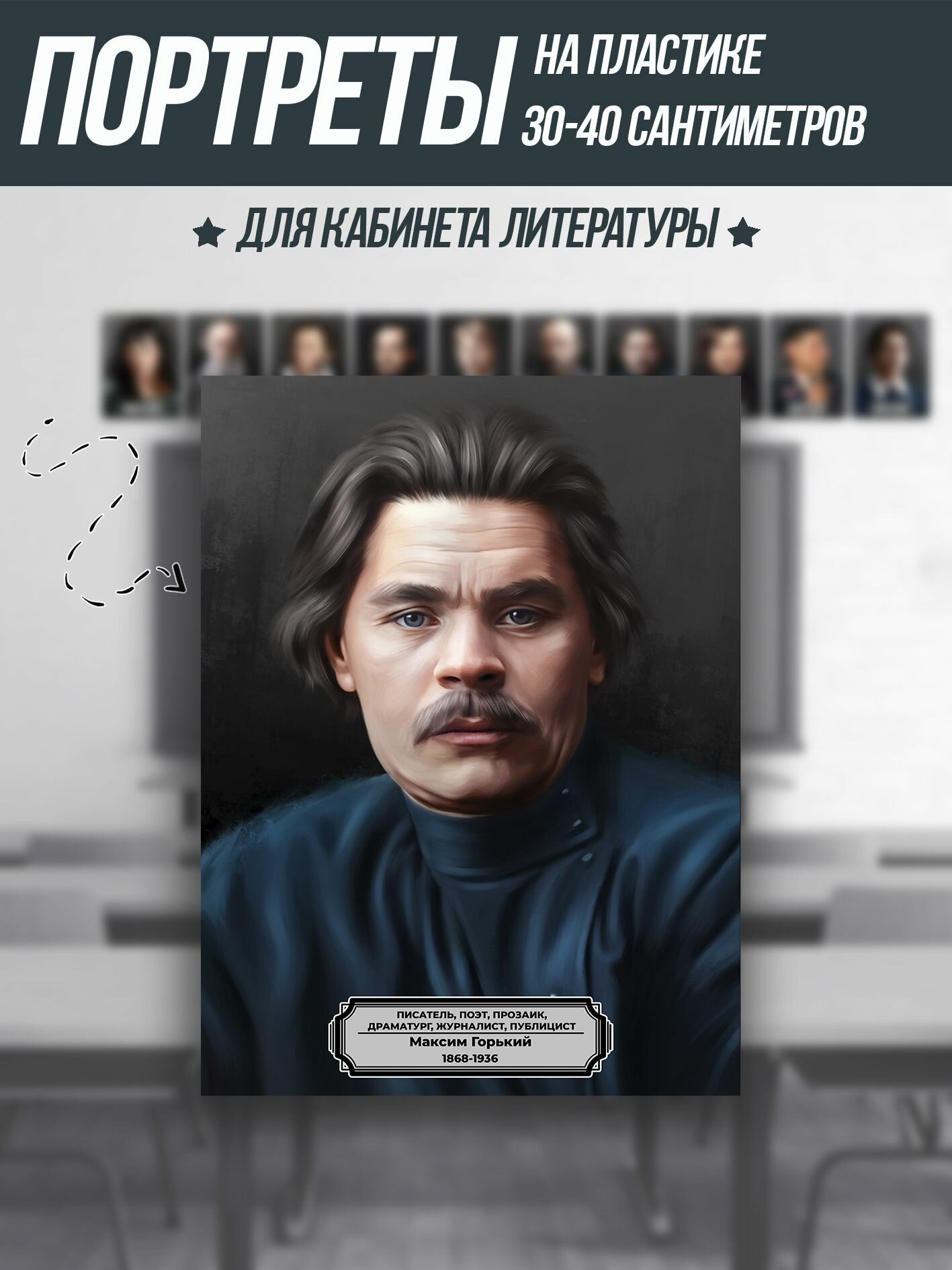 Стенды на пластике для кабинета русской литературы комплект 11 штук на весь кабинет Горький 30х40