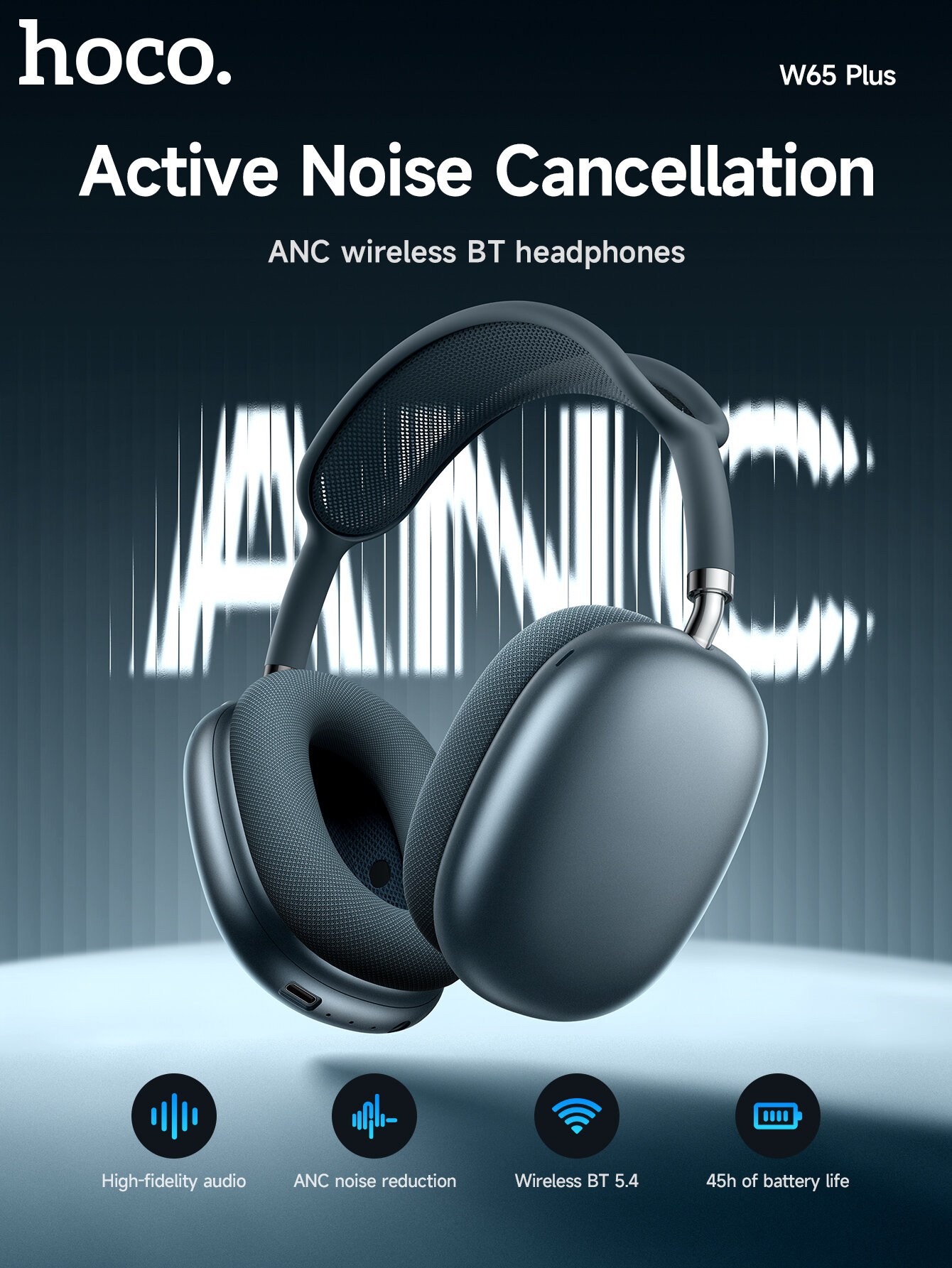 Hoco Наушники беспроводные полноразмерные Hoco W65 Plus Happy ANC BT, Bluetooth 5.4, серый