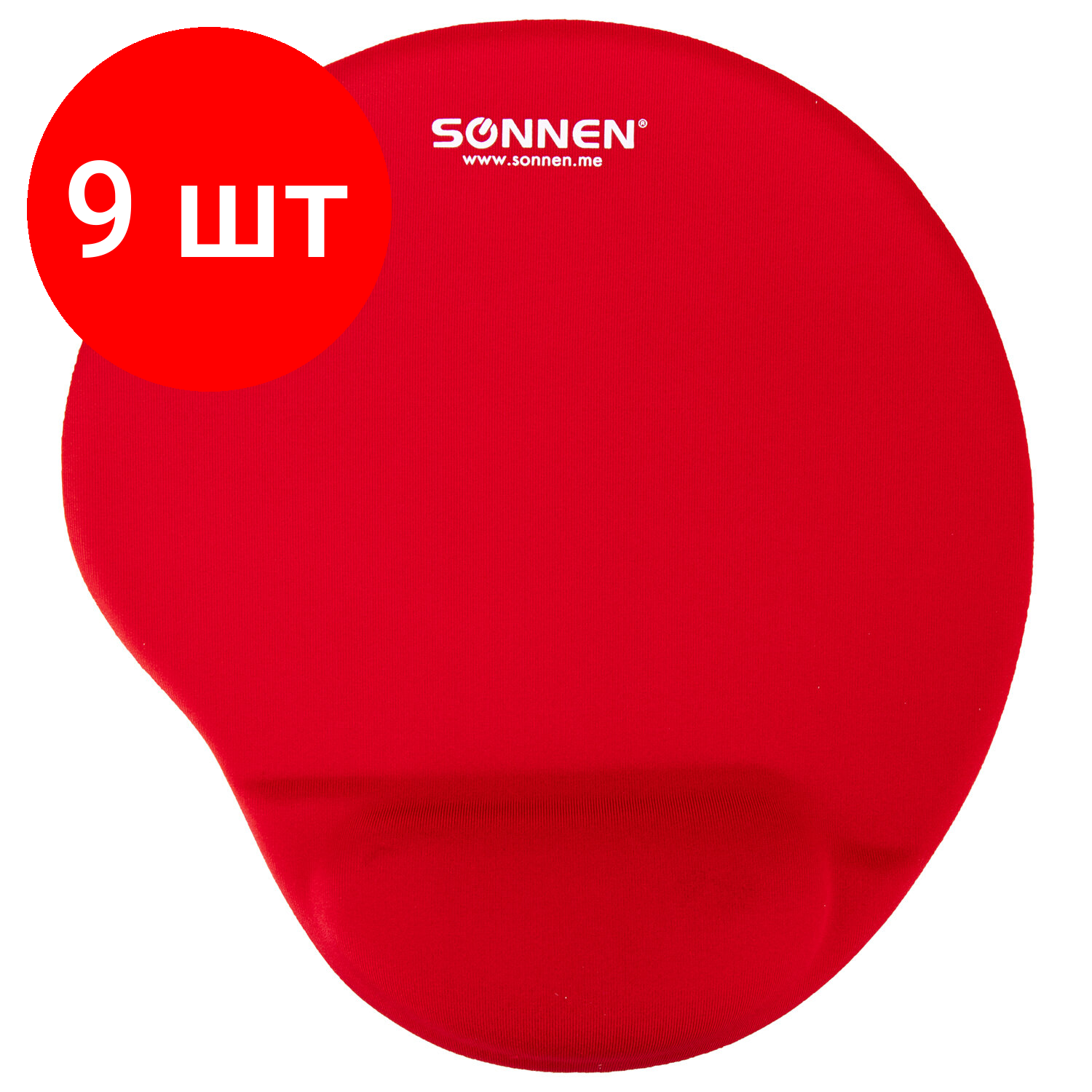 Комплект 9 шт, Коврик для мыши с подушкой под запястье SONNEN, полиуретан + лайкра, 250х220х20 мм, красный, 513301