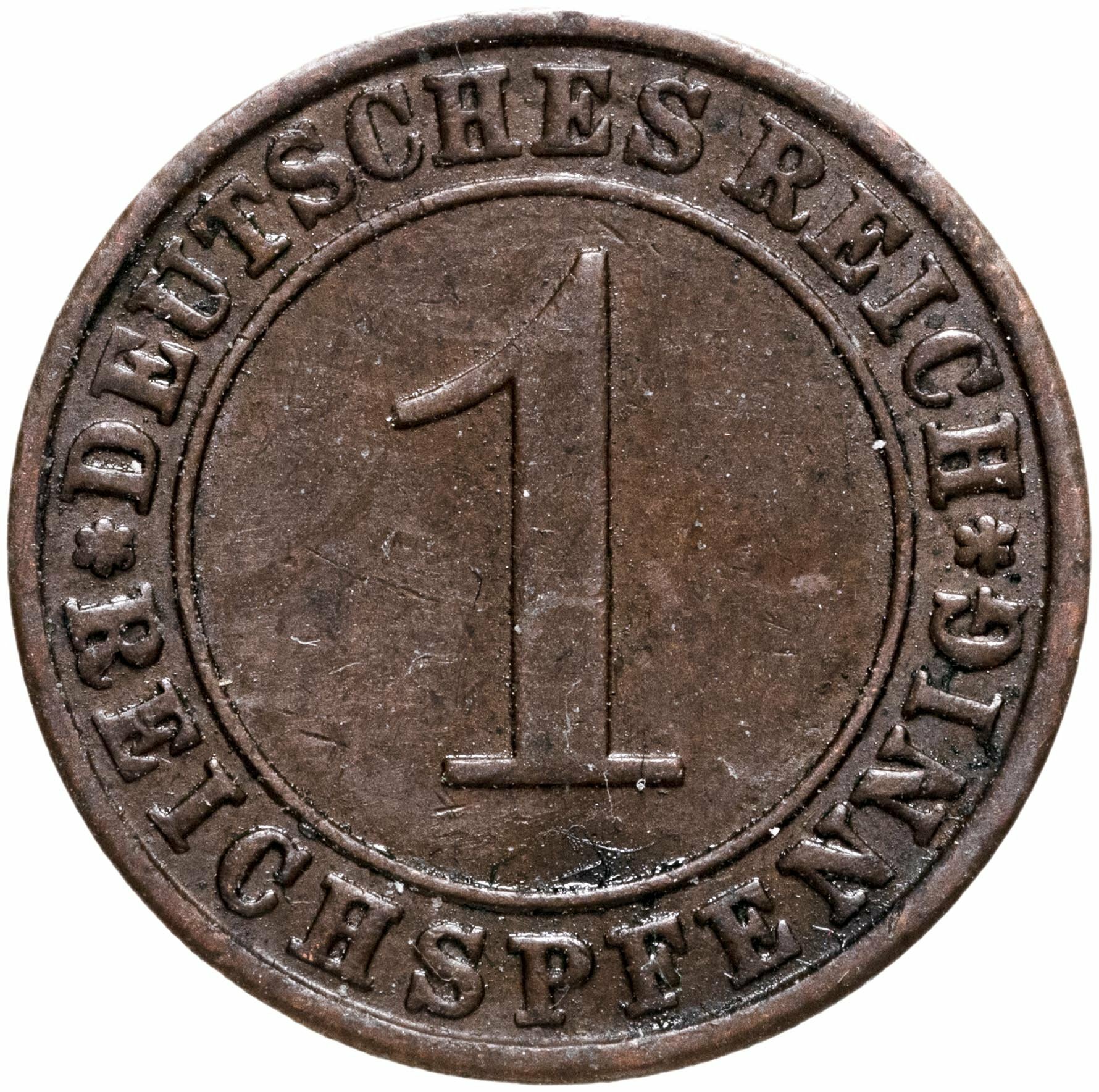 Германия, Веймарская республика 1 рейхспфенниг reichspfennig 1925, Бронза, в сохранности VF