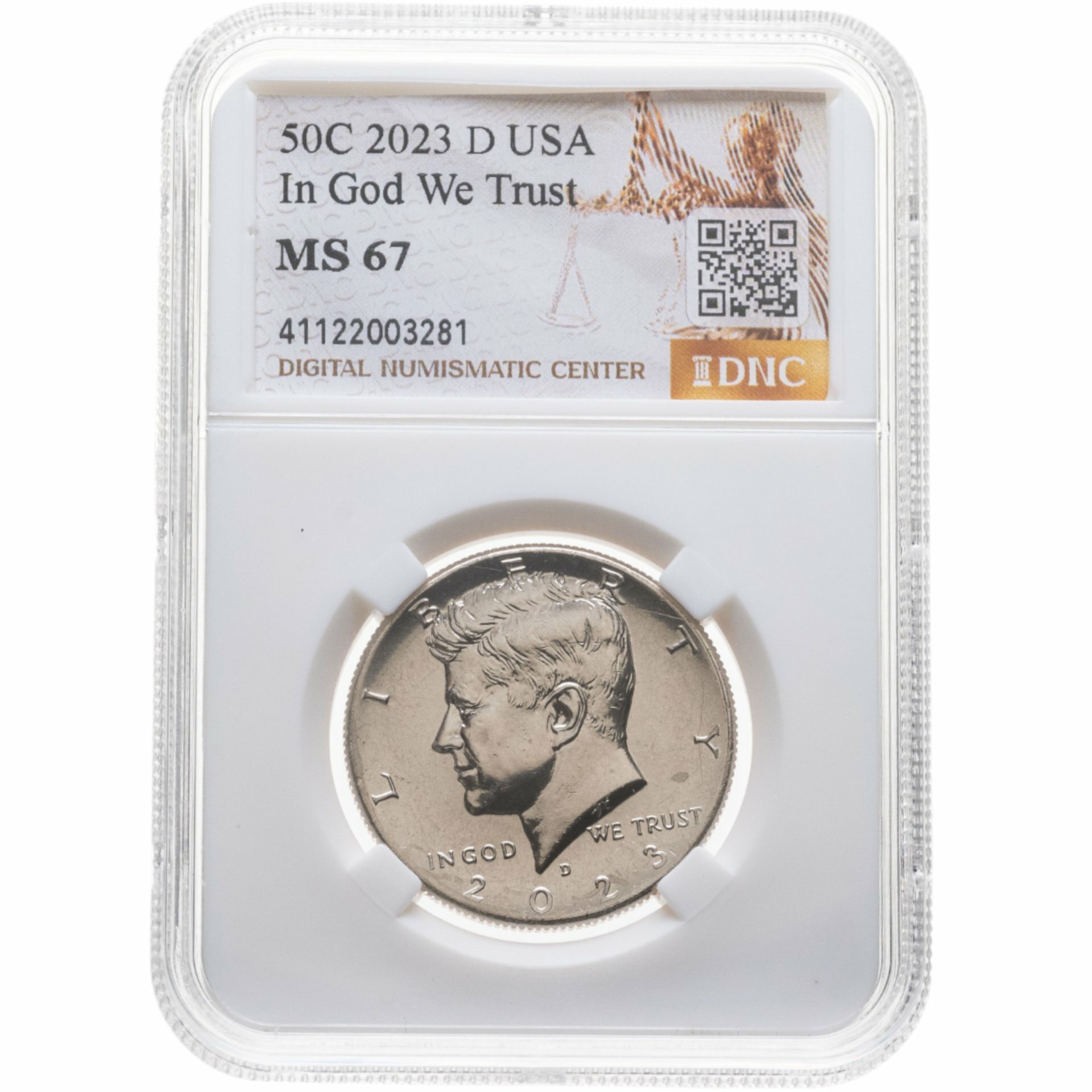 США 50 центов 1/2 доллара, half dollar 2023 D "Kennedy Half Dollar Кеннеди" в слабе DNC MS67, Мельхиор медь-никель