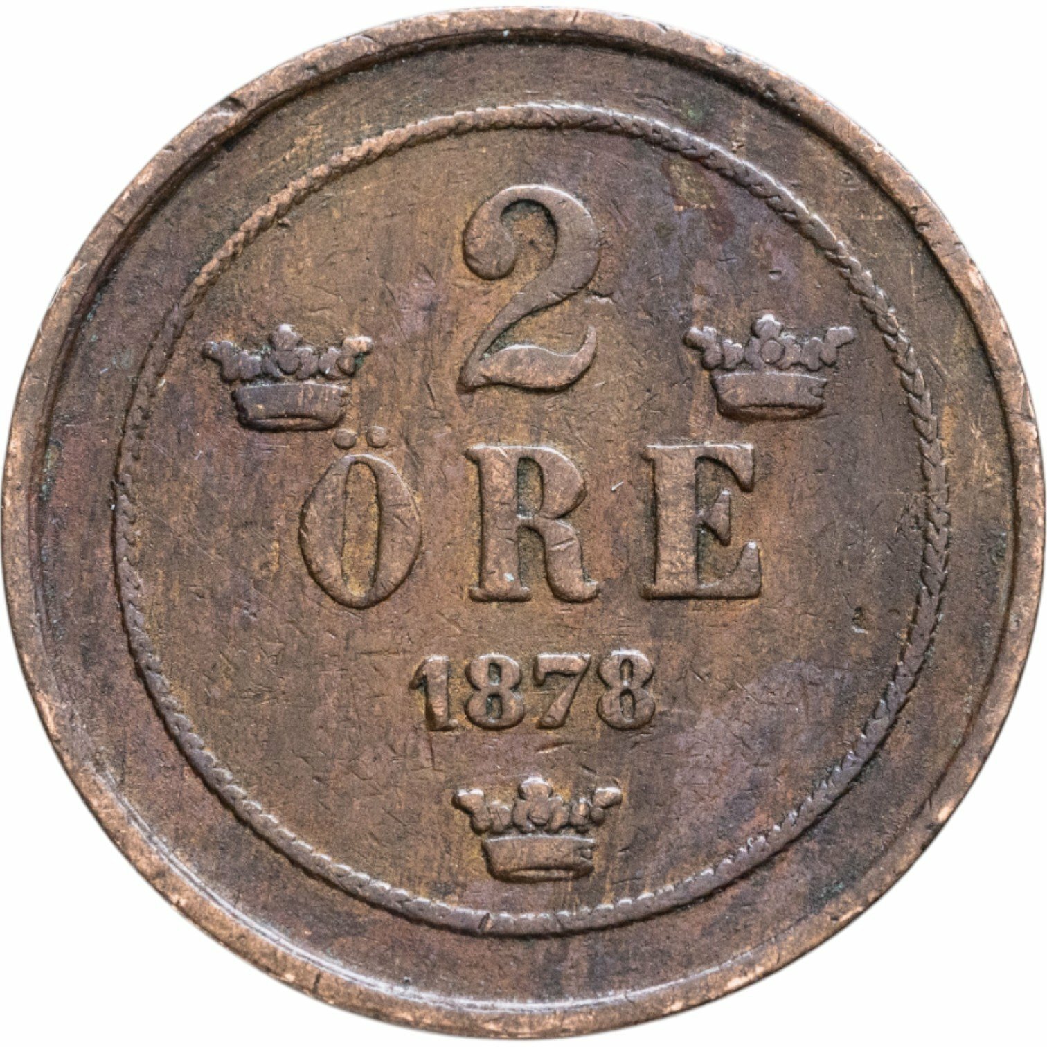 Швеция 2 эре ore 1878, Бронза, в сохранности F-VF