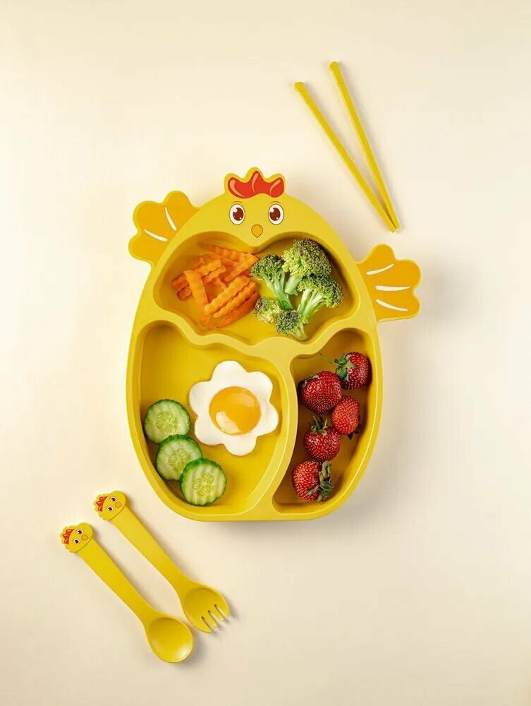 Набор детской посуды для прикорма Цыплёнок, 4 предмета: секционная тарелка ложка вилка палочки
