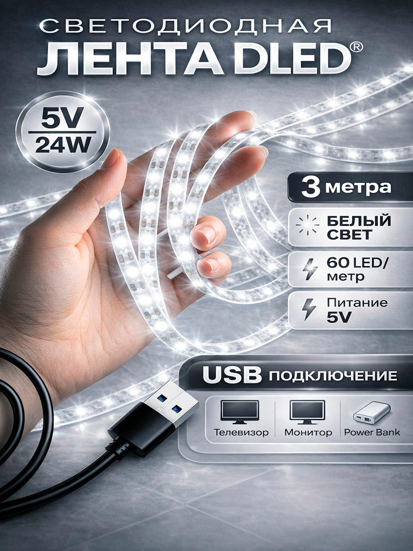 Светодиодная лента 60 LED на метр с USB разъемом для телевизора, монитора, внешнего аккумулятора / питание 5V, длина 3 метра, цвет свечения - Белый