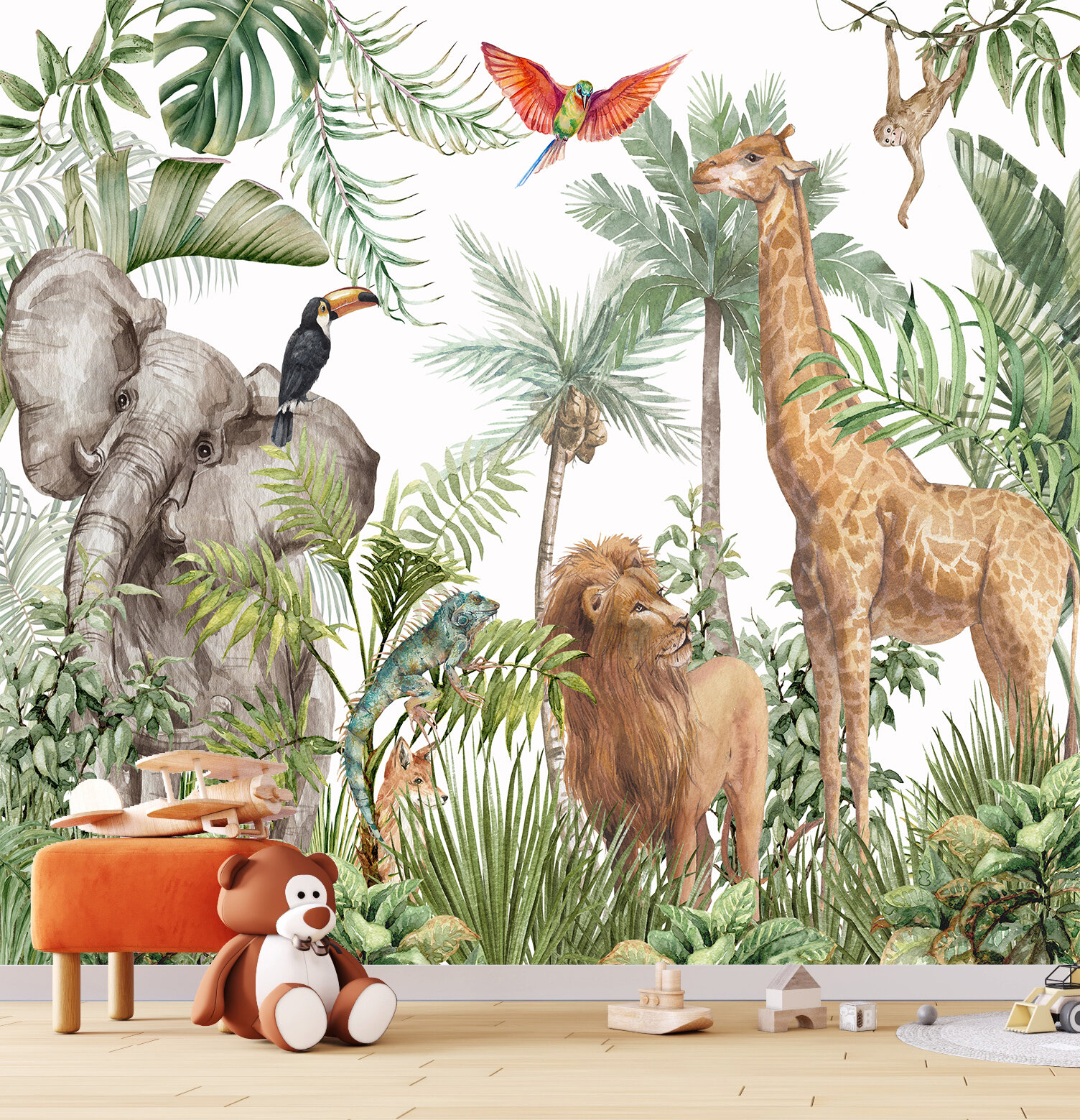 Фотообои на стену флизелиновые детские Тропический лес и животные 300х270 см