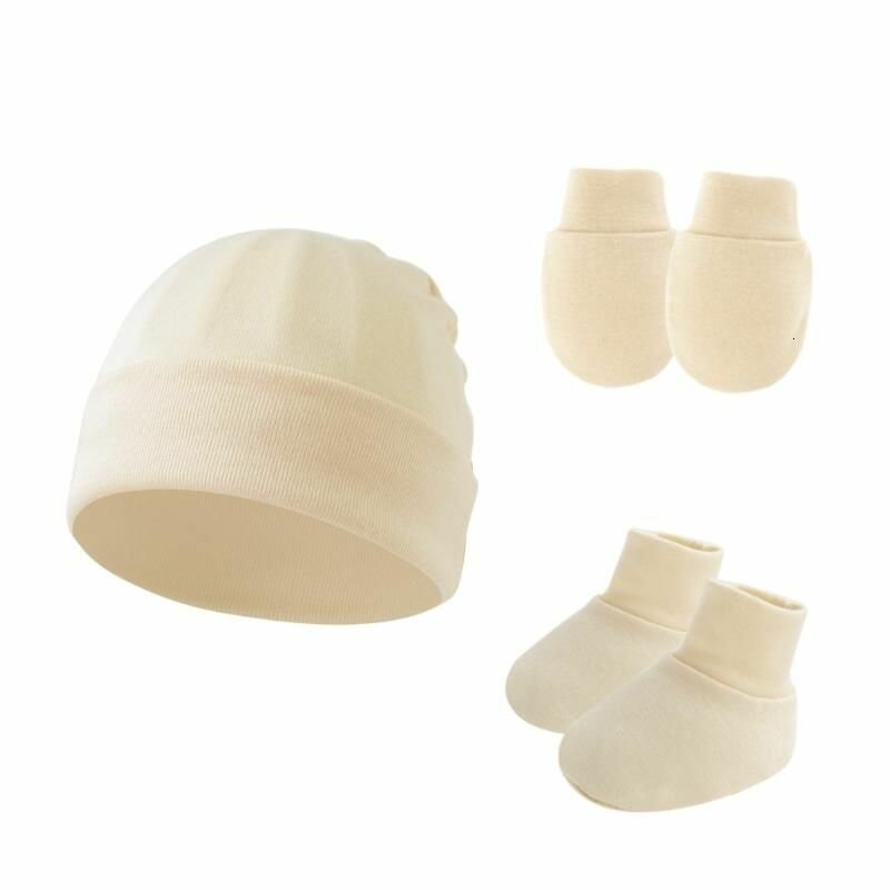Нежный комплект аксессуаров для новорожденных: дышащие хлопковые шапки, варежки и пинетки, необходимые для ухода за мальчиками и девочками, Бежевый