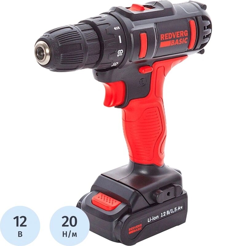 Дрель-шуруповёрт аккумуляторная Redverg Basic SD12LE/2-2S 12 В 2x1.5 Ач Li-ion с ЗУ в кейсе