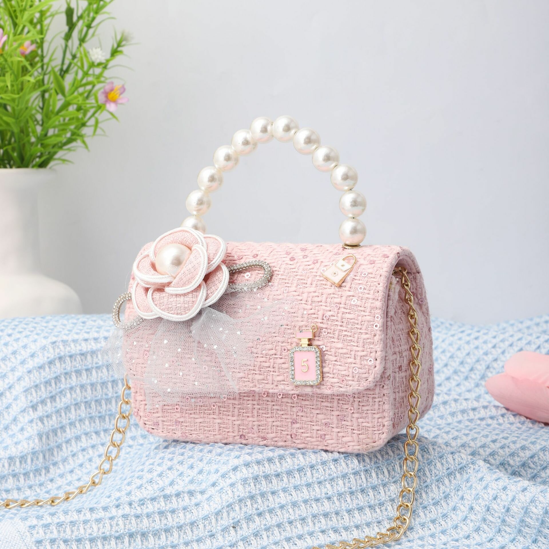 Новая жемчужная сумка через плечо, модная, милая, элегантная, в стиле Chanel, с бантом, принцесса, сумка для детей