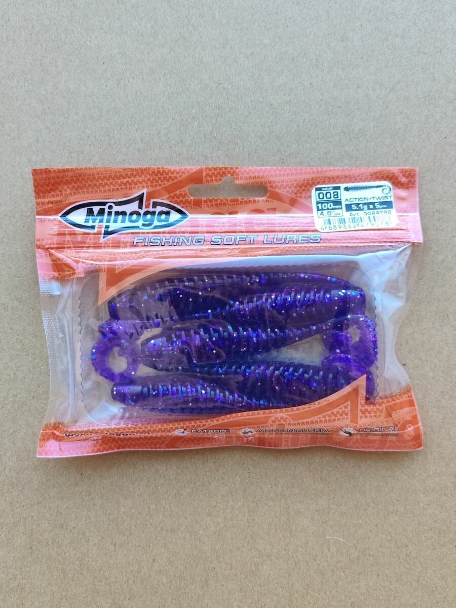 Силиконовая приманка Minoga Action Twist 4" (5шт) 100мм, 5.1гр, цвет 008 / твистер