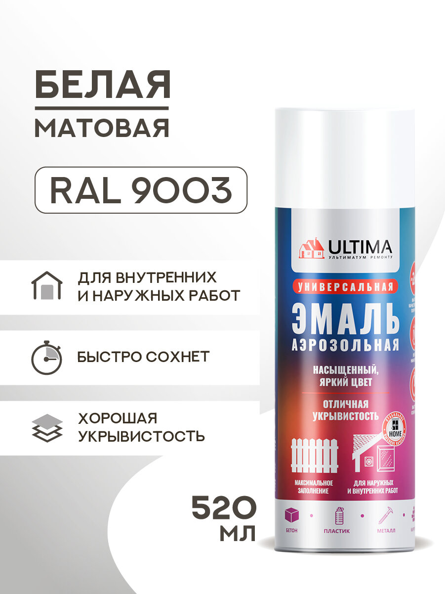 Аэрозольная краска в баллончике Белая матовая RAL9003, 520мл, ULT003 краска в баллончике белая матовая аэрозольная краска RAL9003