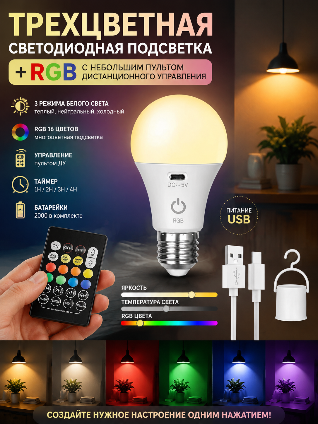 Лампочка светодиодная E27 RGB разноцветная с пультом диммируемая