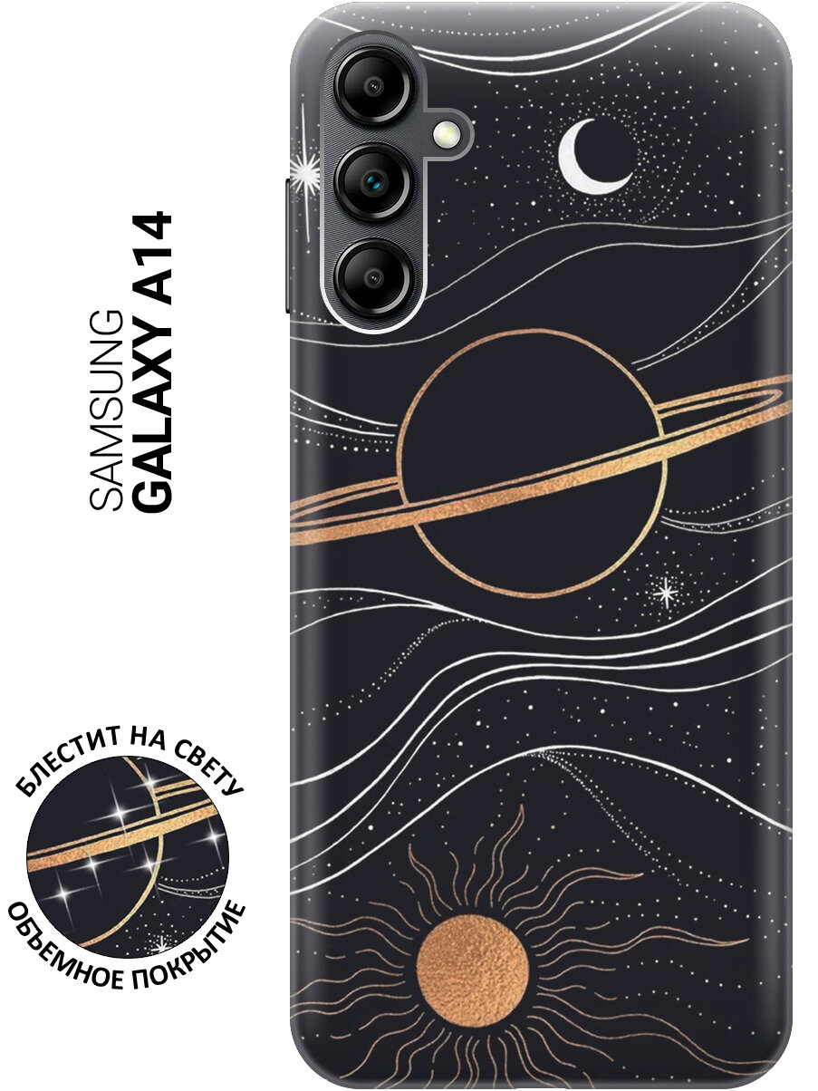 Силиконовый чехол на Samsung Galaxy A14 / Самсунг А14 с рисунком "Сатурн, солнце и звезды" Soft Touch черный