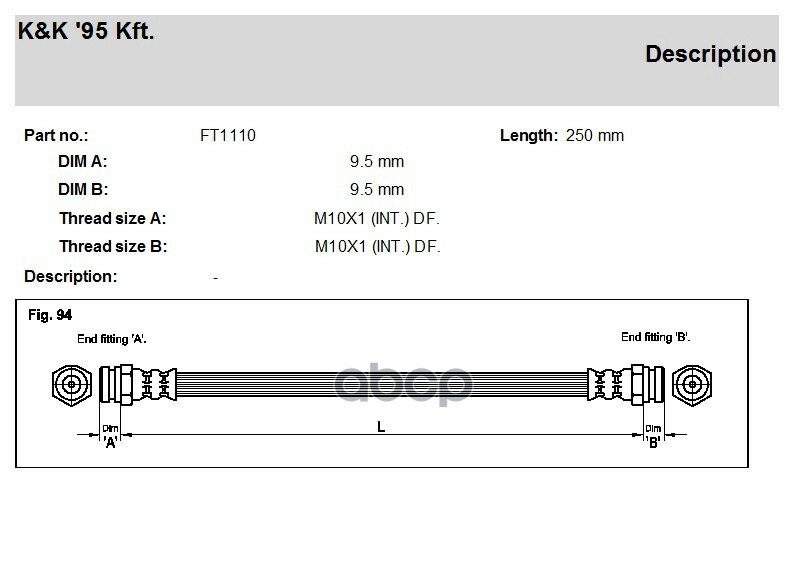 Шланг тормозной MAZDA Demio (DW) 1.3 16V 08.98- K&K арт. ft1110